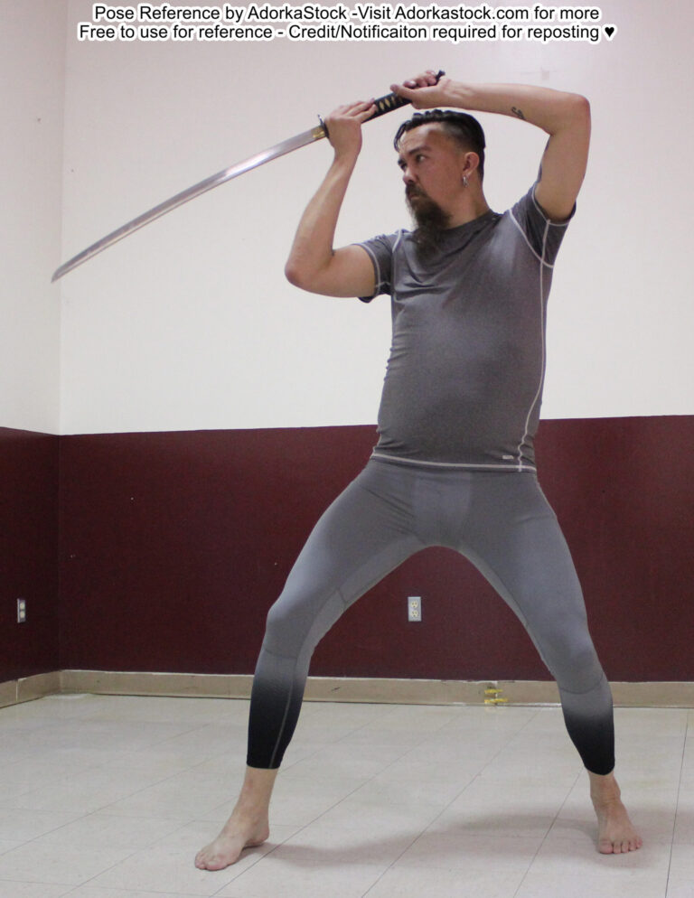Sword held over head in profile pose reference - AdorkaStock